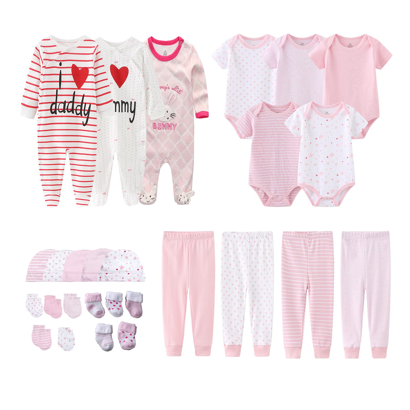 MAMIMAKA Newborn Layette Gift Set 27-Piece Baby Girl Clothes Bodysuits, Pants Essentials and Accessories 0-6Months