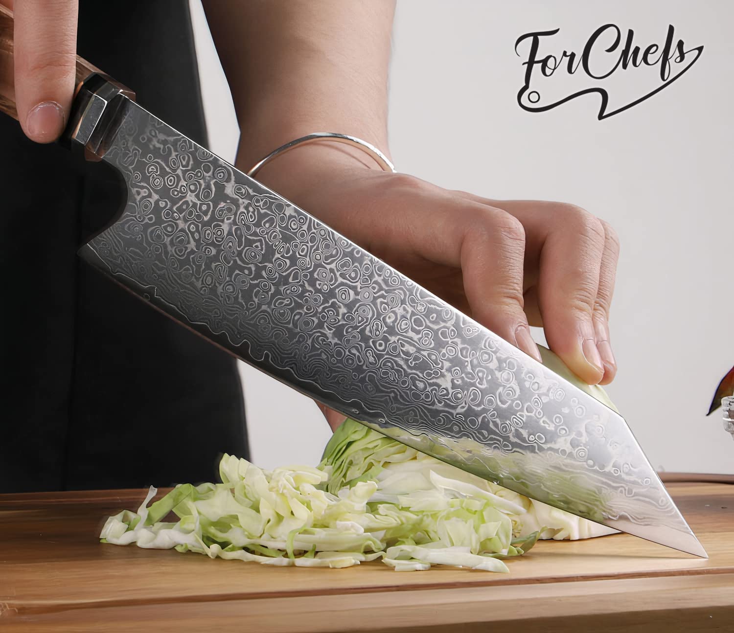 Kiritsuke Chef Knife 8'' ForChefs - 67 Layers Ultra-Sharp Damascus Steel Blade and White Wood Handle, KRT-002
