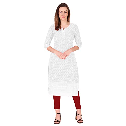 ladyline Womens Georgette Chiffon Chickankari & Sequins Work Kurti Tunic Kurta (White, 40)