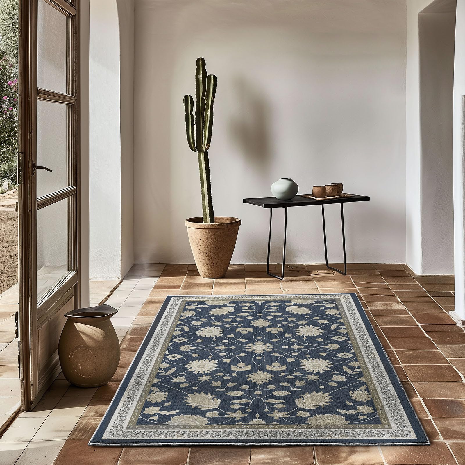 EVERGRACE Area Rugs for Living Room 3x5, Boho Floral Faux Wool Indoor Outdoor Rugs, Washable Rugs for Bedroom Entryway Dining Room Hallyway, Low Pile Floor Mat Carpet for Home Decor, Navy Blue