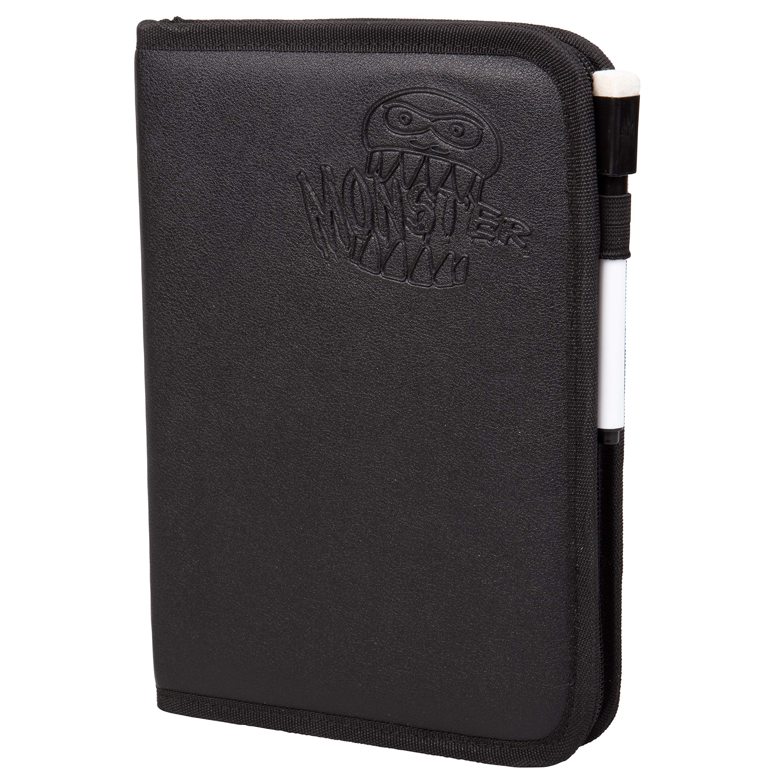Monster Deluxe 4 Pocket Trading Card Leather Album - Zipper Closure, Built-in Dry Erase Boards and Marker, Side Loading Padded Double Sided Pockets, Holds 160 Cards, For Sport, Gaming, Kpop, Xmas Gift