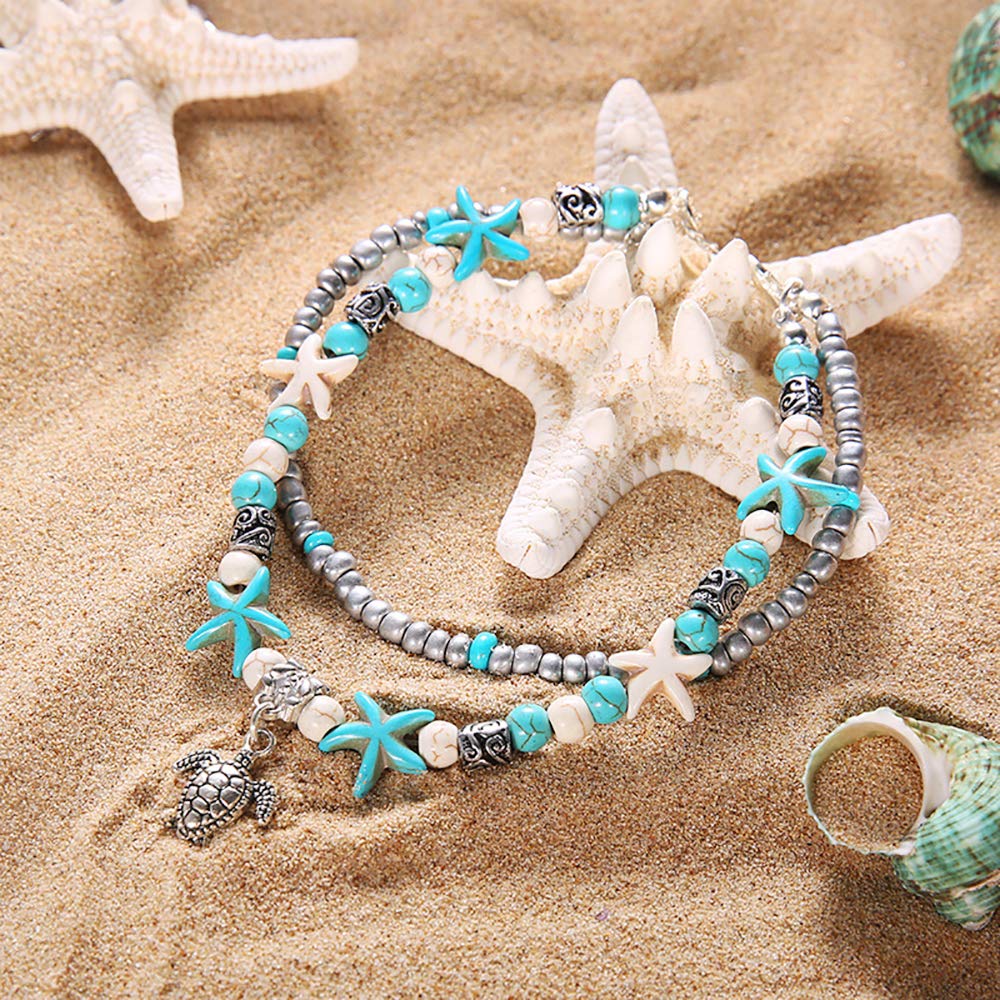 Suyi Sea Turtle Ankle Bracelet Set Multilayer Beach Anklets Handmade Boho Anklets for Women 5pcs