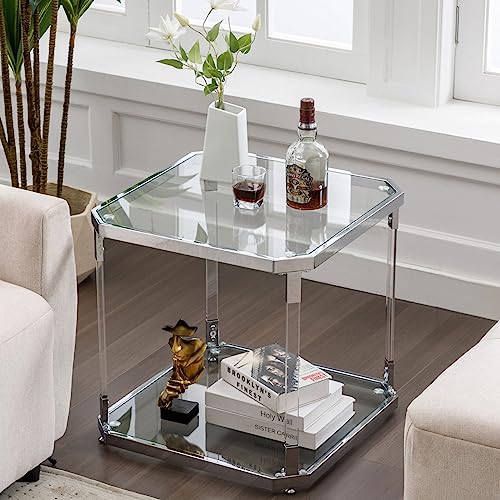 MINPINSER Glass Side Table-Silver Chrome End Table Clear Acrylic Nightstand for Living Room Bedside Bedroom