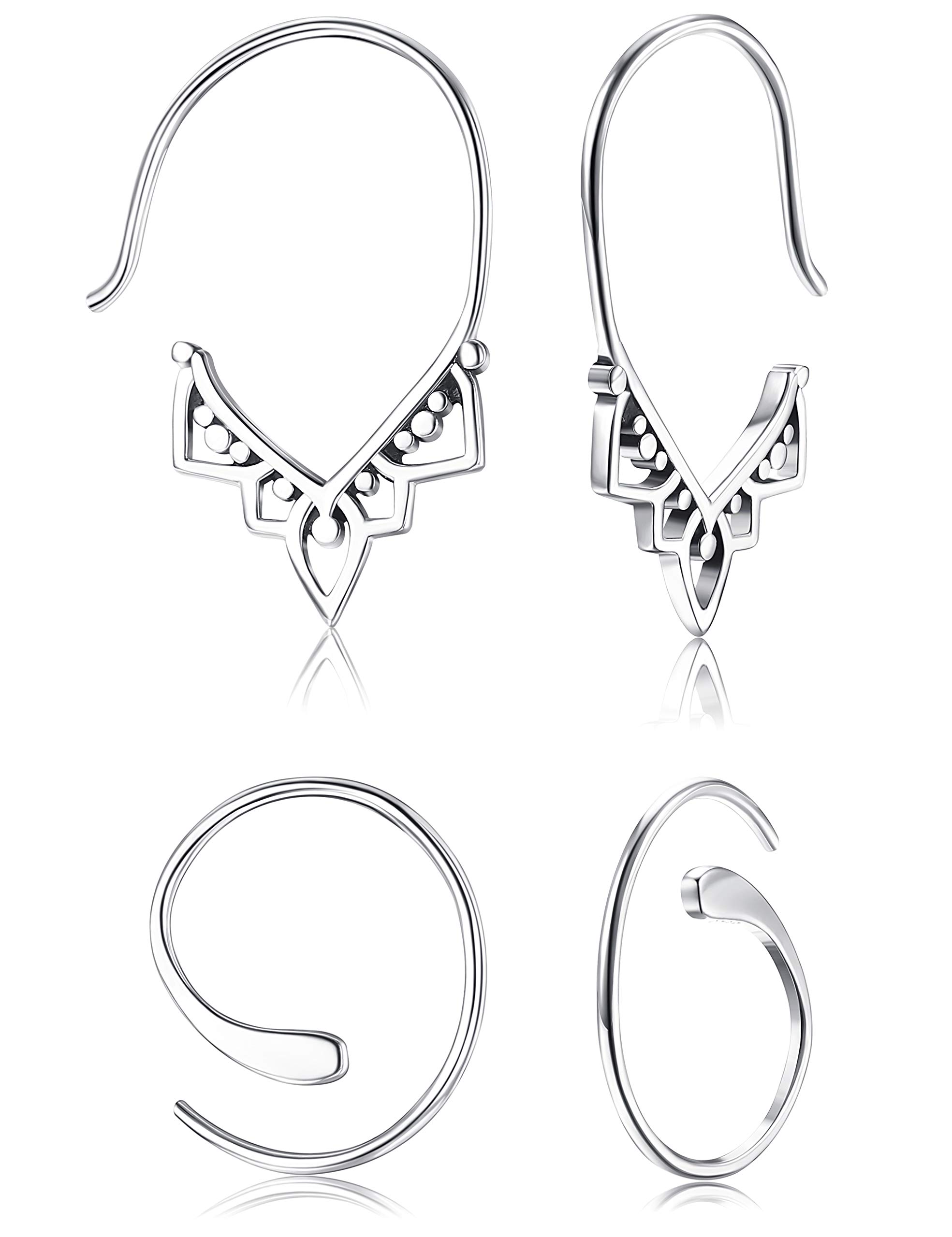 Milacolato 2Pairs S925 Sterling Silver Hoop Earrings 14K White Gold Plated Balinese Tribal Pull Through Hoop Earrings Dangle Boho Earrings Set for Women Trendy Fashion Jewelry