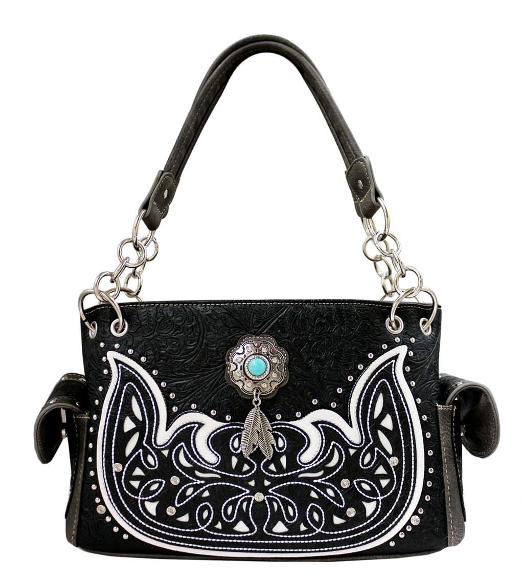 Western Tooled Leather Laser Cut Floral Concealed Purse Horse Country Rhinestone Cowgirl Handbags Shoulder Bags in 5 colors (Black)