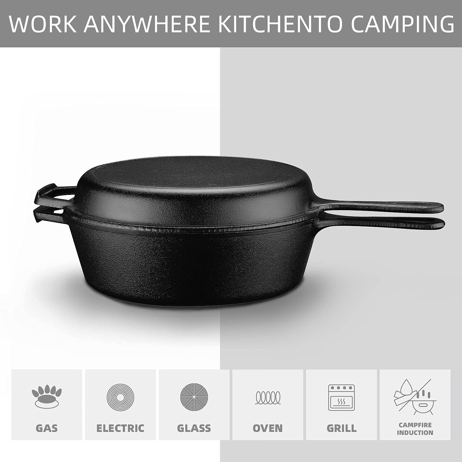 Camping Dutch Oven, 6 Quart Pre-Seasoned Camp Cookware Pot With Lid - Lid Lifter, Cast Iron Deep Pot with Metal Handle for Camping Cooking BBQ Baking Campfire