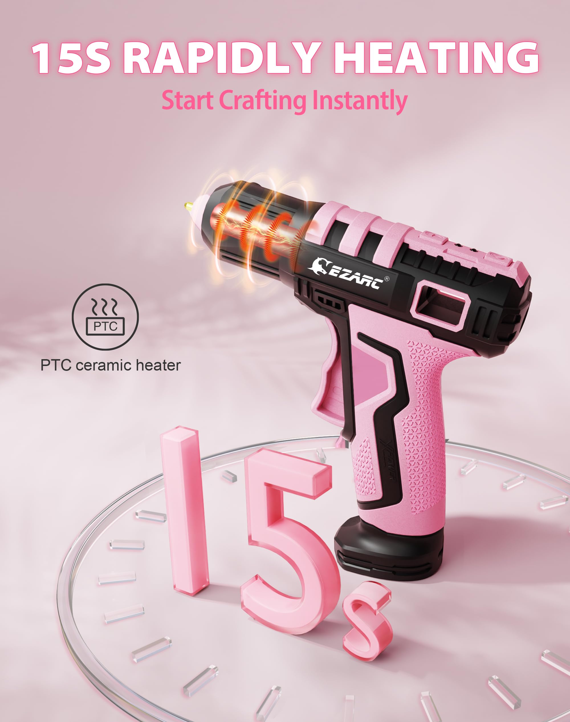 EZARC Cordless Hot Glue Gun, 15s Heating Fast Glue Gun Kit with 30 Pcs Mini Glue Gun Sticks, Automatic-Safety-Power-Off, Built-in 2500 mAh Lithium-ion for Art, Crafts, Decorations, Home Repairs