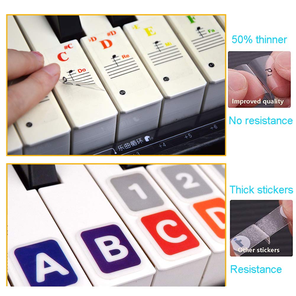 Transparent Removable Piano Keyboard Stickers Thin with Colorful Bigger Letter Used for 88/61/54/49 Keys for Piano Beginner Learning Kids