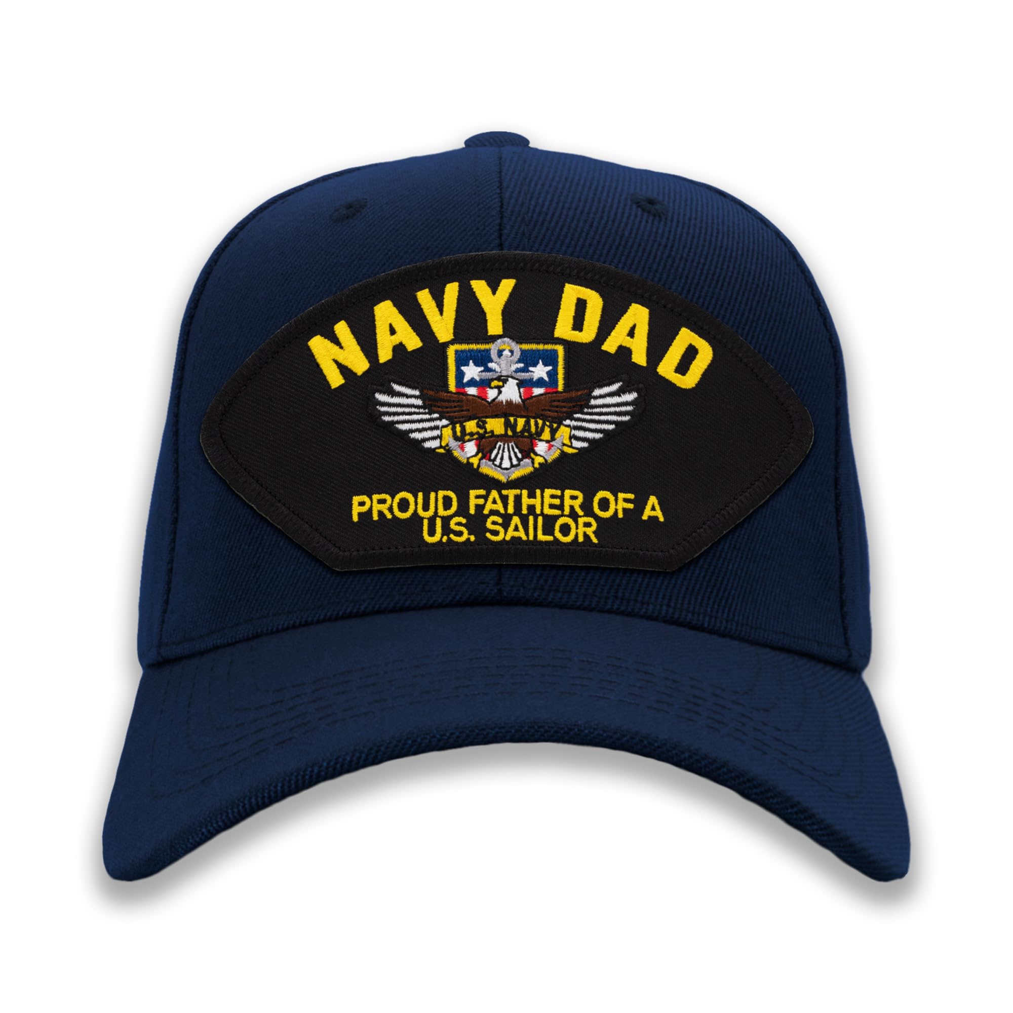 PATCHTOWN Navy Dad - Proud Father of a US Sailor Hat/Ballcap Adjustable One Size Fits Most (Navy Blue, Add American Flag)
