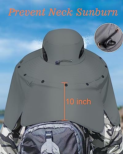 Fishing-Sun Hat Men UV-Protection Neck-Flap - Bucket Hat with Removable Face Cover & Neck Flap Wide Brim UPF 50+ Hiking Hat for Men and Women,Grey