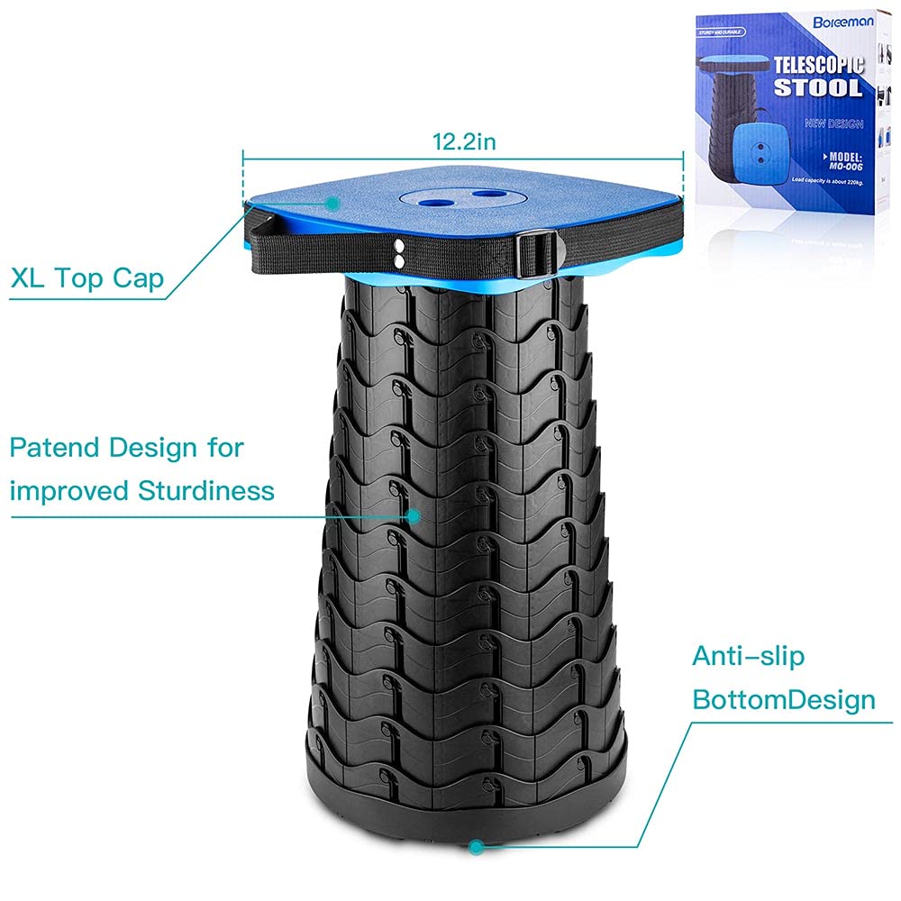 Boreeman Square Shape Folding Stool Collapsible Stool with Load Capacity 485lbs Retractable Stool for Camping Fishing Hiking BBQ (Blue)