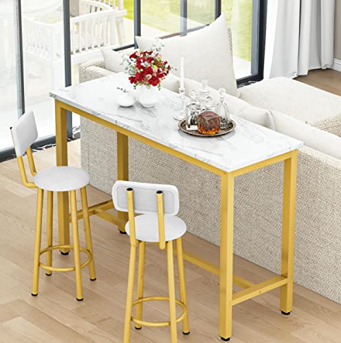 Lamerge Faux Marble Pub Height Table with 2 PU Upholstered Stools,3-Piece Kitchen Table and Chairs,Suit for Dining Room & Living Room & Breakfast Nook,Space Saving Set for 2,White & Gold & Grey,39.3"