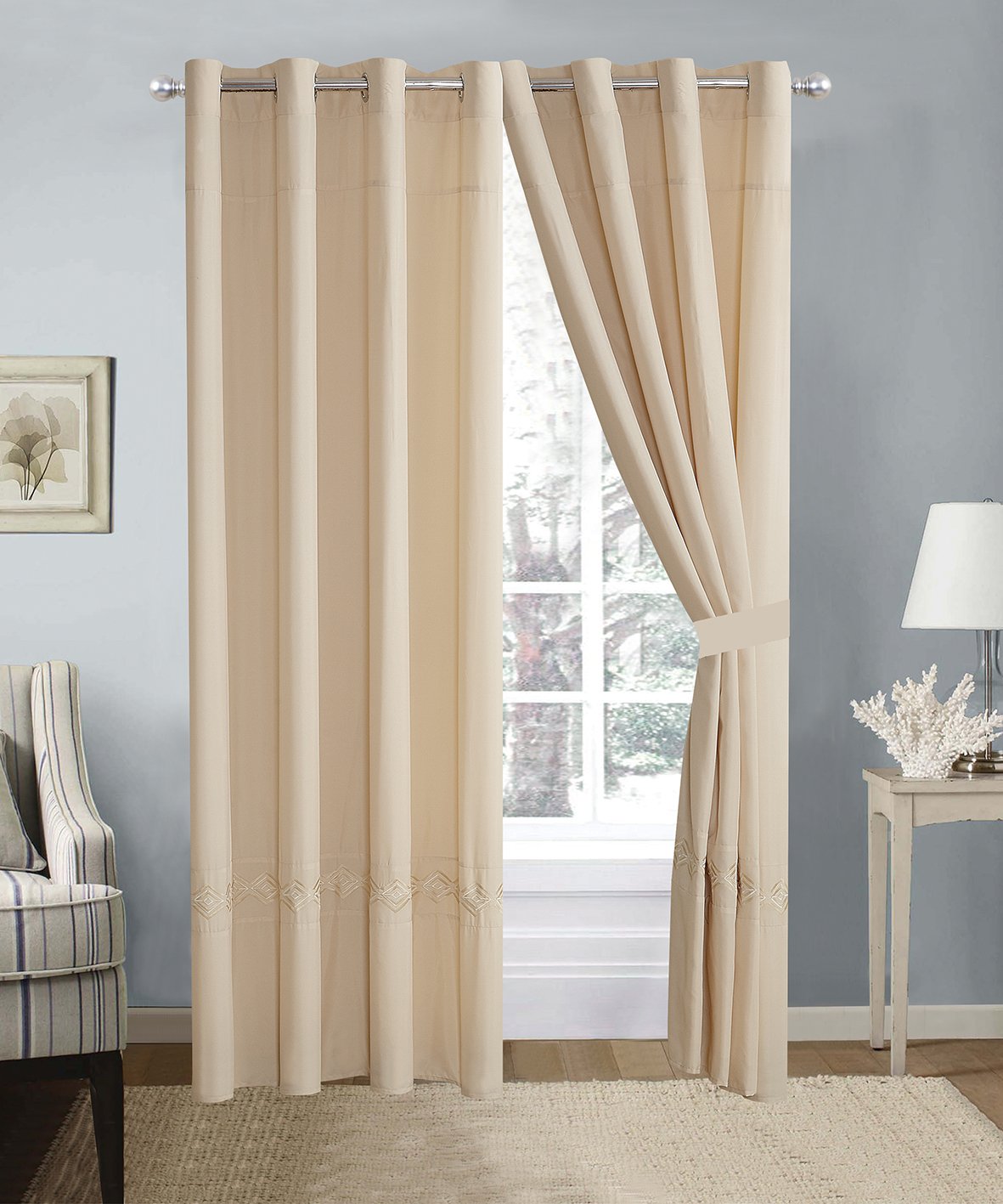 Grand Linen 3 Piece King Size Ivory Double-Needle Stitch Puckered Pinch Pleat-Embroidered Duvet Cover Set