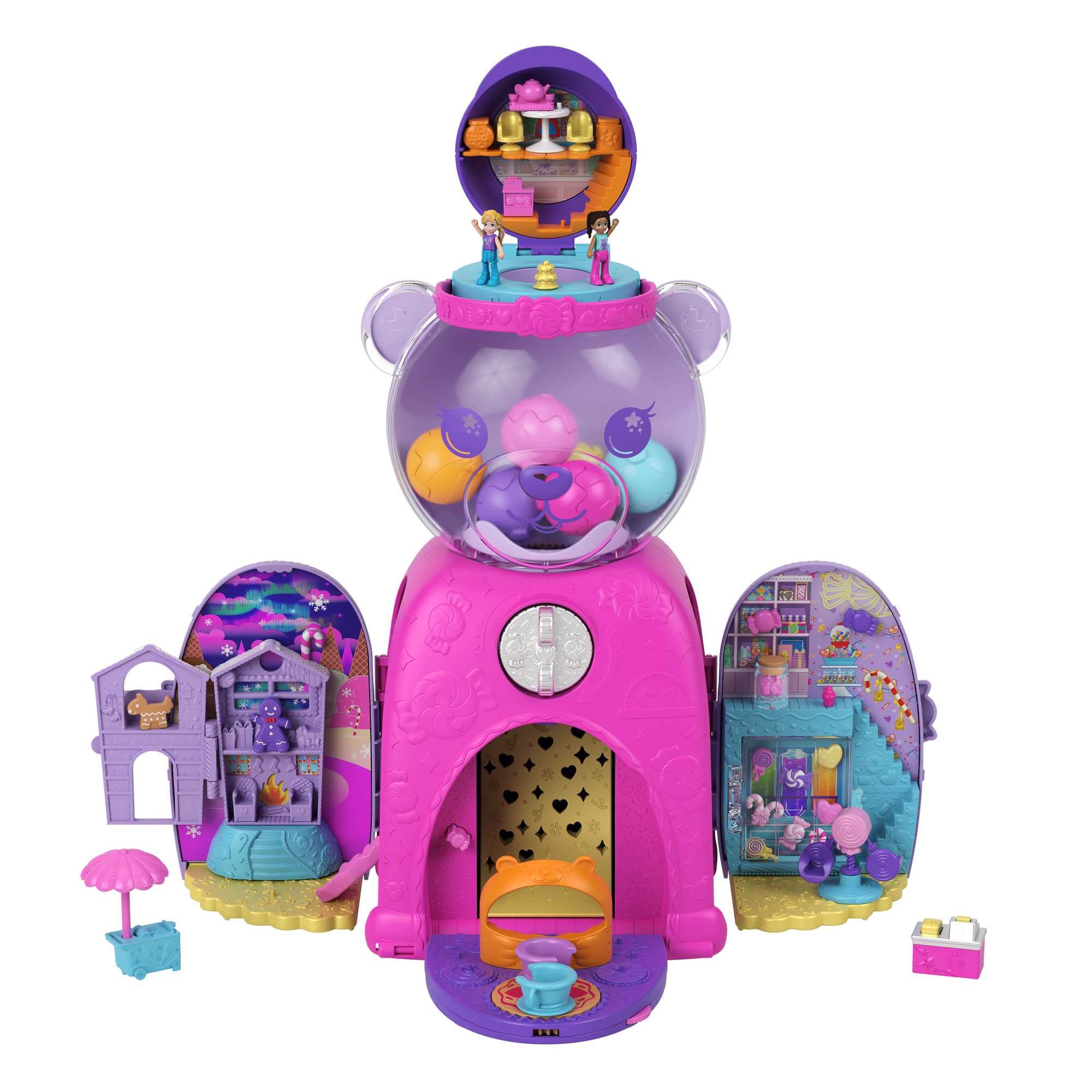 Polly Pocket Travel Toy, Gumball Bear Playset with 2 Micro Dolls & 26 Surprise Accessories, Animal Toy Compact
