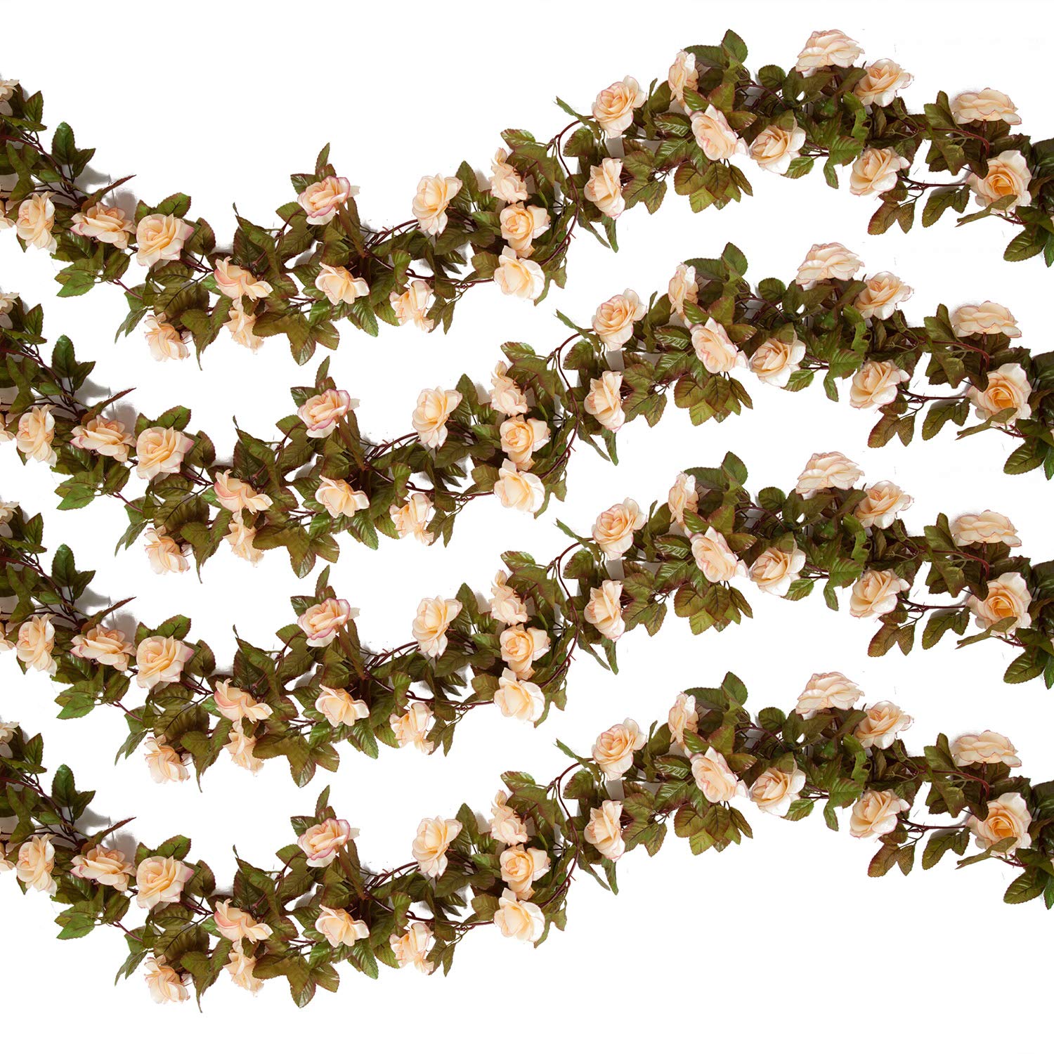 Pauwer 6PCS(44.3FT) Artificial Rose Vine Silk Flower Garland Hanging Fake Roses Flowers Plants for Home Garden Office Hotel Wedding Party Decor, Champagne
