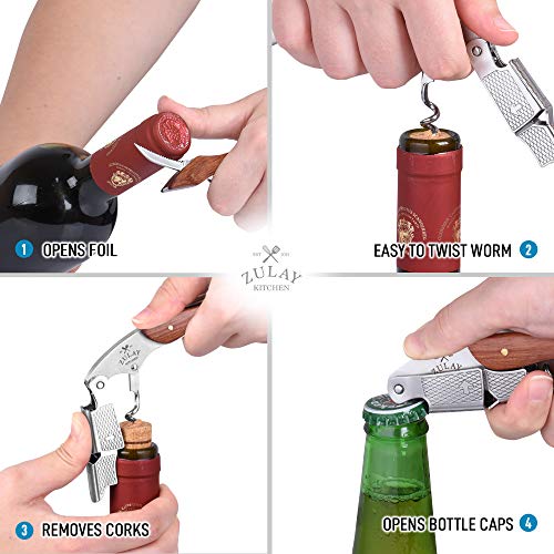 Zulay Professional Waiter’s Corkscrew Bottle Opener - 3-in-1 Wine Key Tool With Foil Cutter & Dual Hinge Fulcrum - Waiters Corkscrew For Waiters & Bartenders (Rosewood)