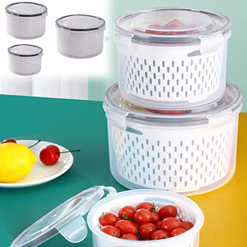Fresh Fruit Vegetable Container, 3-in-1 Versatile BPA-free Plastic Grocery Storage With Vents Partitioned Storage Container For Fresh Berry Lettuce Storage (Small)