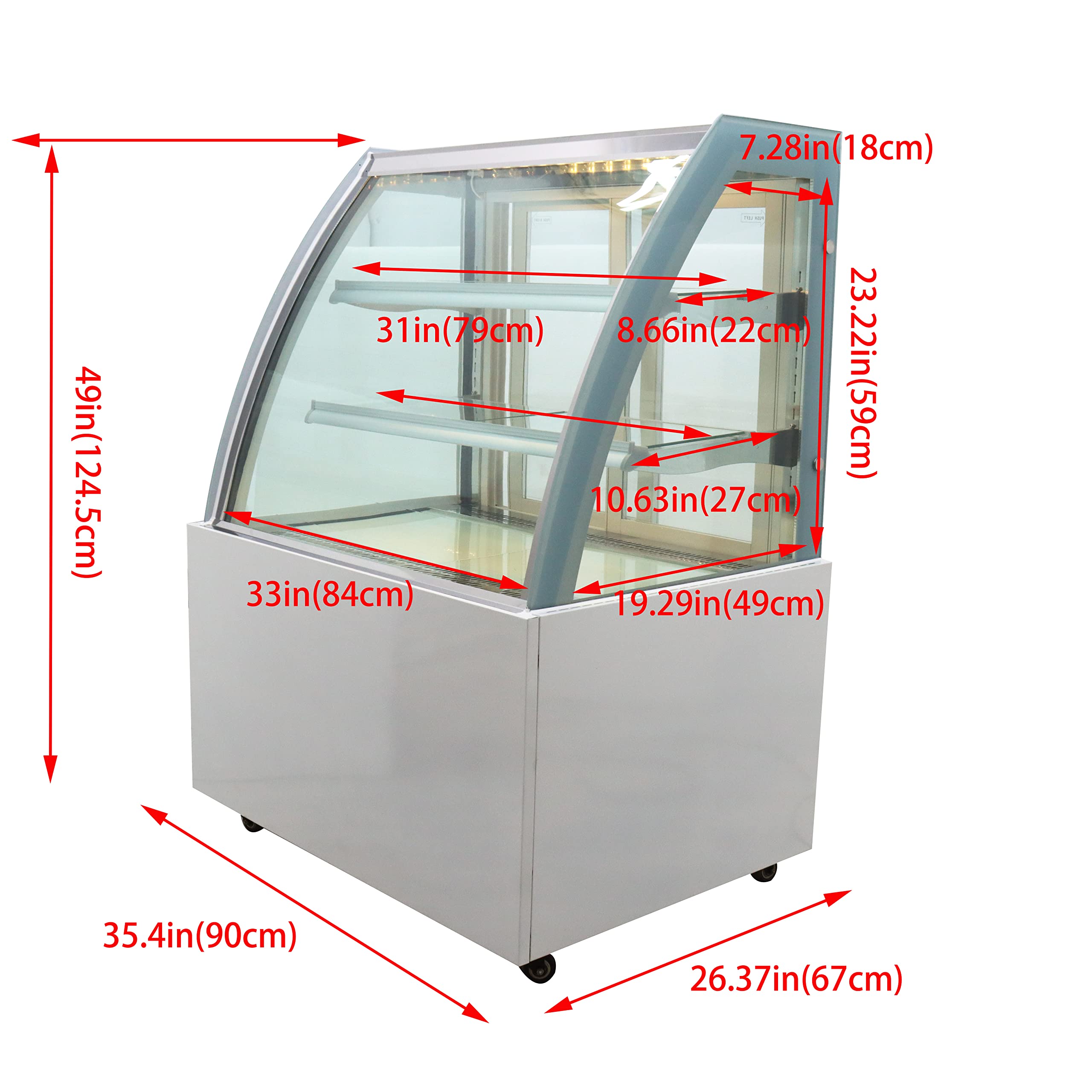 INTSUPERMAI Glass Bakery Display Case 35inch Floor Standing Refrigerated Cake Showcase Bakery Cabinet Display Refrigerators Cake Showcase Arc Back Door LED Lighting 220V Automatic Defrost