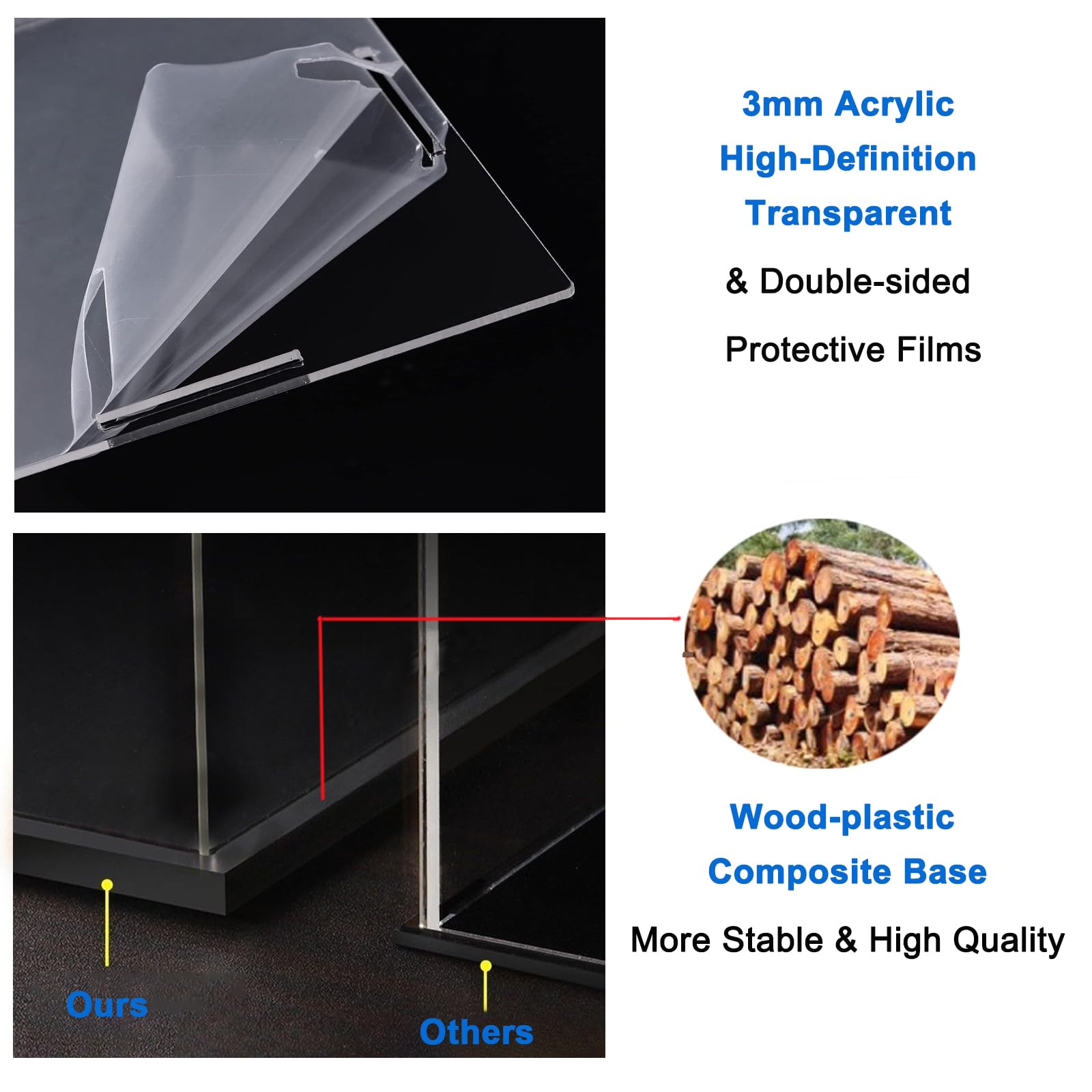 Thickened Clear Acrylic Display Case for Lego 75398 C-3PO 76989 21347 75308 Collectibles, Self-Assembly Box Dustproof Protection with Wood-Plastic Base & String Light, Black Inside 9.8x9.8x15.7 inch