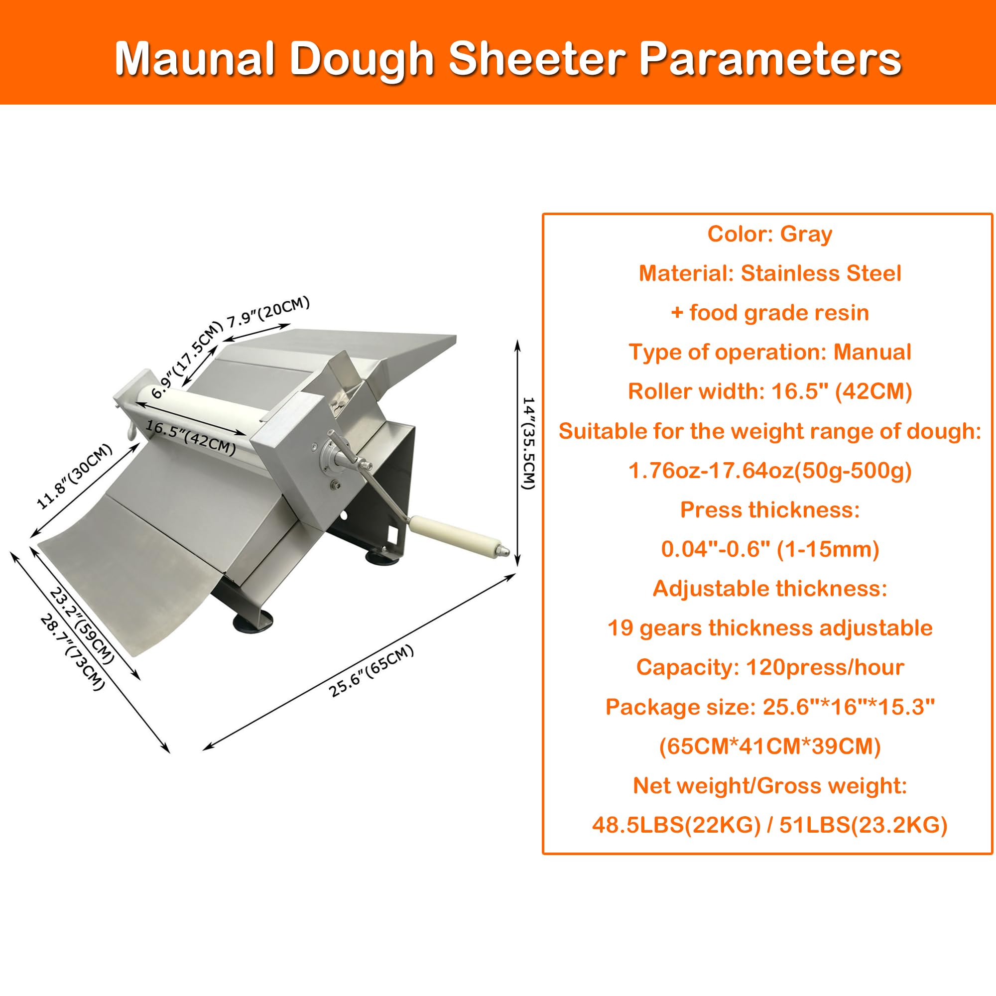INTSUPERMAI Manual Dough Sheeter 16.5" Pastry Dough Roller Machine Stainless Steel Dough Press Sheeter Fondant Sheeter for Fondant, Croissants, Pizza and Puff Pastry