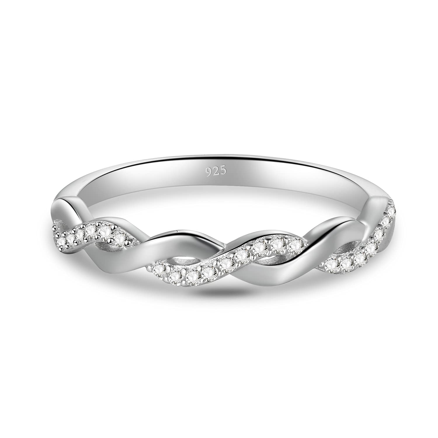 BORUO 925 Sterling Silver Ring, Twisted Infinity Celtic Knot Cubic Zirconia CZ Wedding Band Stackable Ring Size 7
