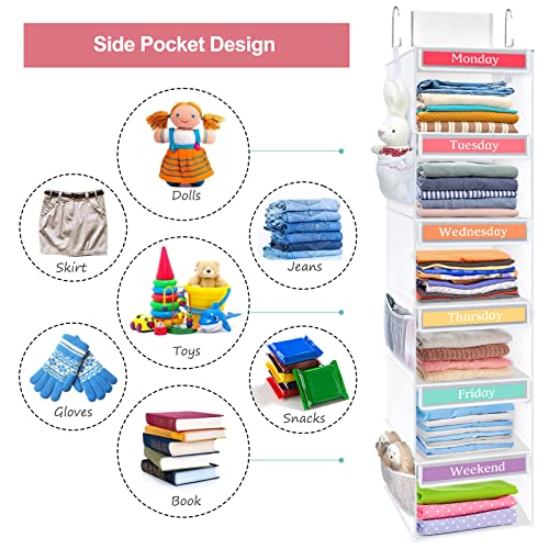 Fixwal 6-Shelf Weekly Hanging Closet Organizer with 6 Side Pockets Collapsible Weekday Kids Closet Daily Clothes Organizer Hanging Storage Shelves (White)