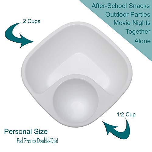 Rolling Sands Reusable Snack and Dip Bowls, 5 Pack, USA Made, Dishwasher and Microwave Safe Personal Size Plastic Divider Bowls, BPA-Free, Two Compartments to Hold Dips, Snacks and Treats