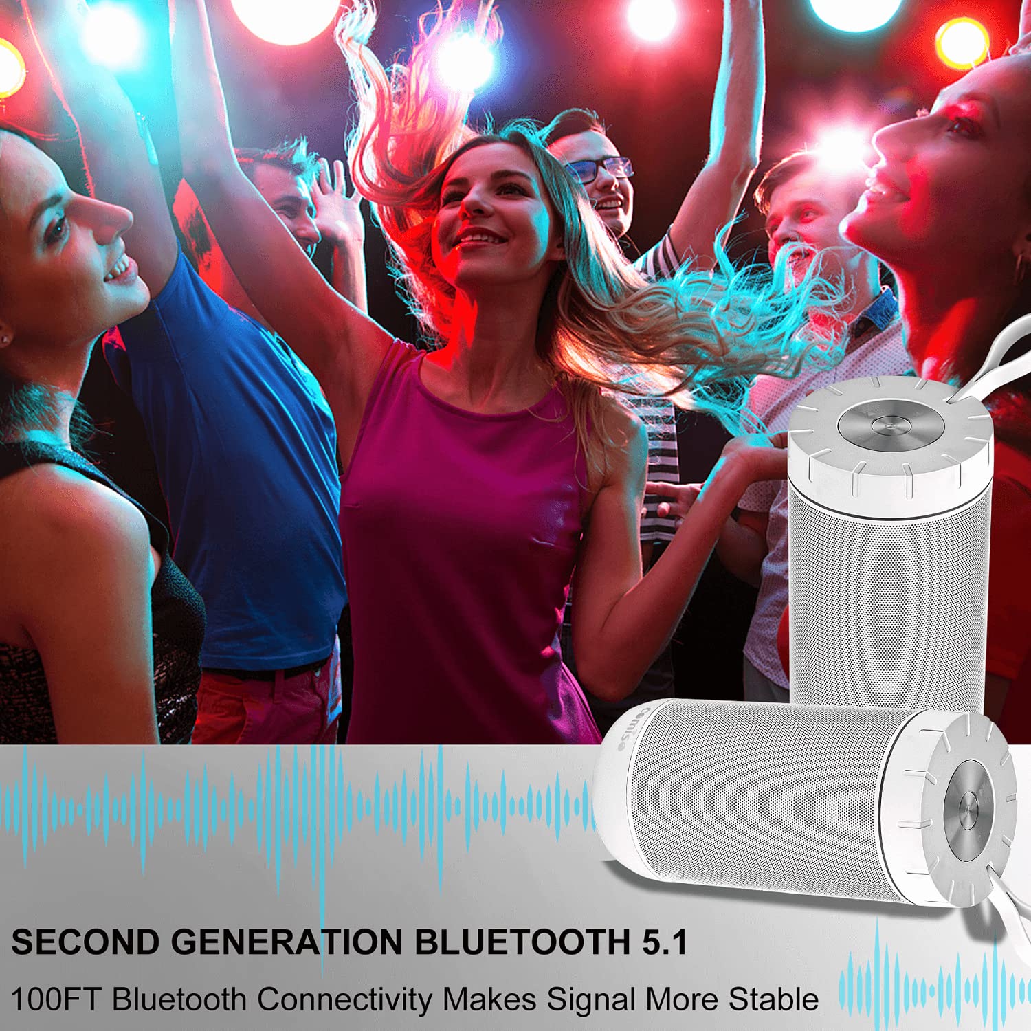 comiso Waterproof Bluetooth Speaker IPX7, 25W Wireless Portable Speakers Loud Sound Strong Bass Stereo Pairing 36 Hours Playtime, Bluetooth 5.0 Built in Mic for Calls White