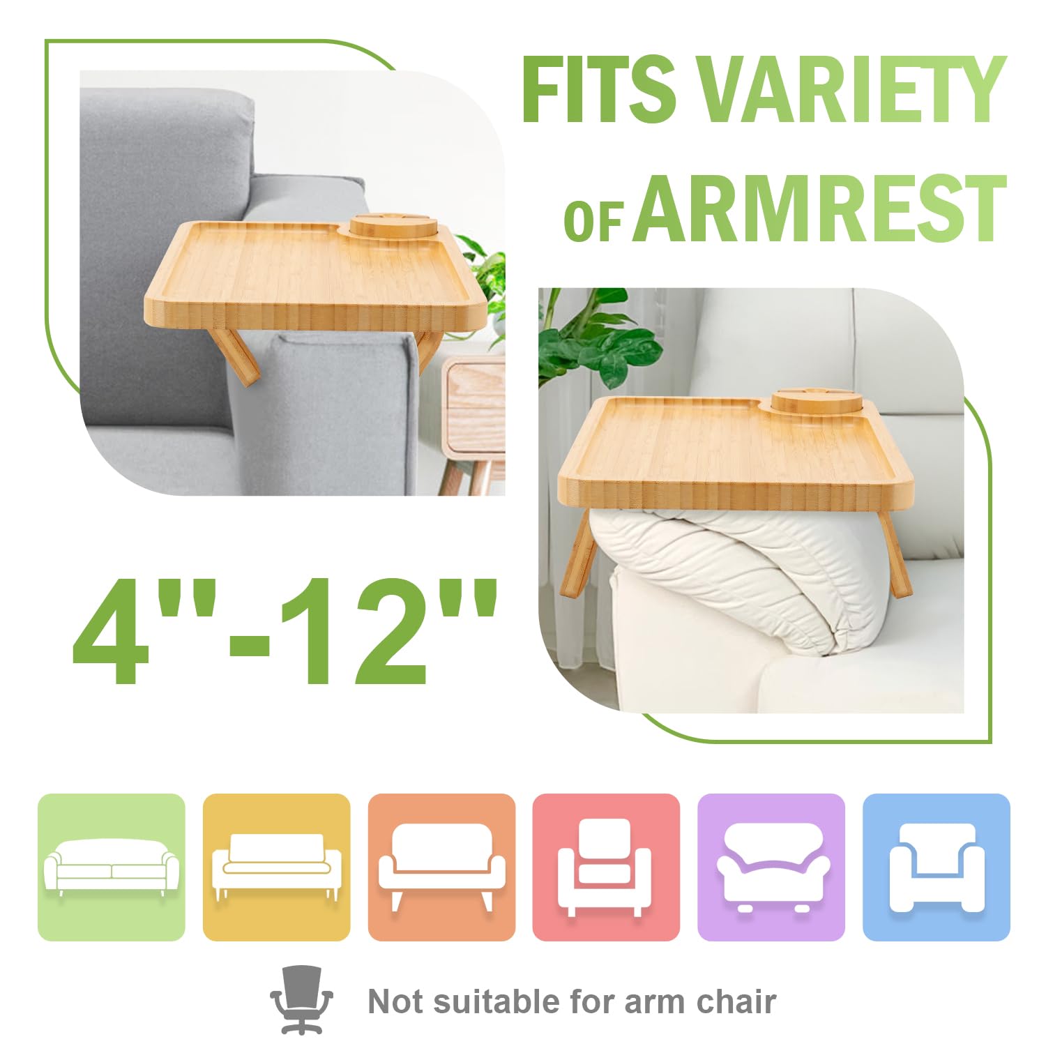 Couch Arm Table Tray, Bamboo Sofa Arm Tray Clip on Side Table with 360° Phone Holder, Foldable Couch Tray for Eating,Drinking,Snacks,Coffee,TV,Remote