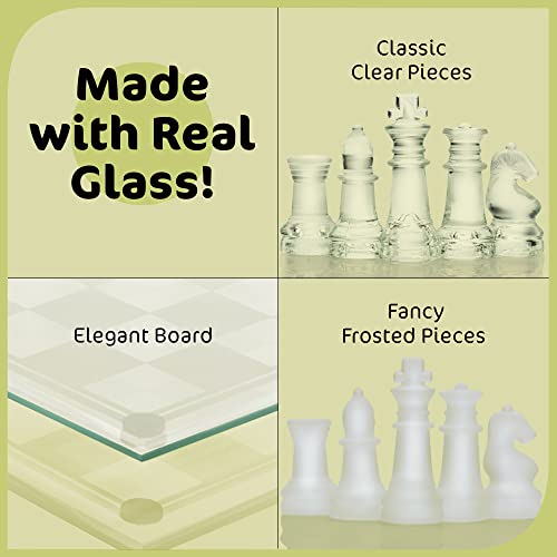 Srenta Fine Glass Chess Set Game, Modern Clear Chess Set, Deluxe Chess Set Glass Chess Board Set with Solid Clear & Frosted Chess Glass Pieces | 9.7’’ Crystal Chess Boards Sets, Felt Padding Included