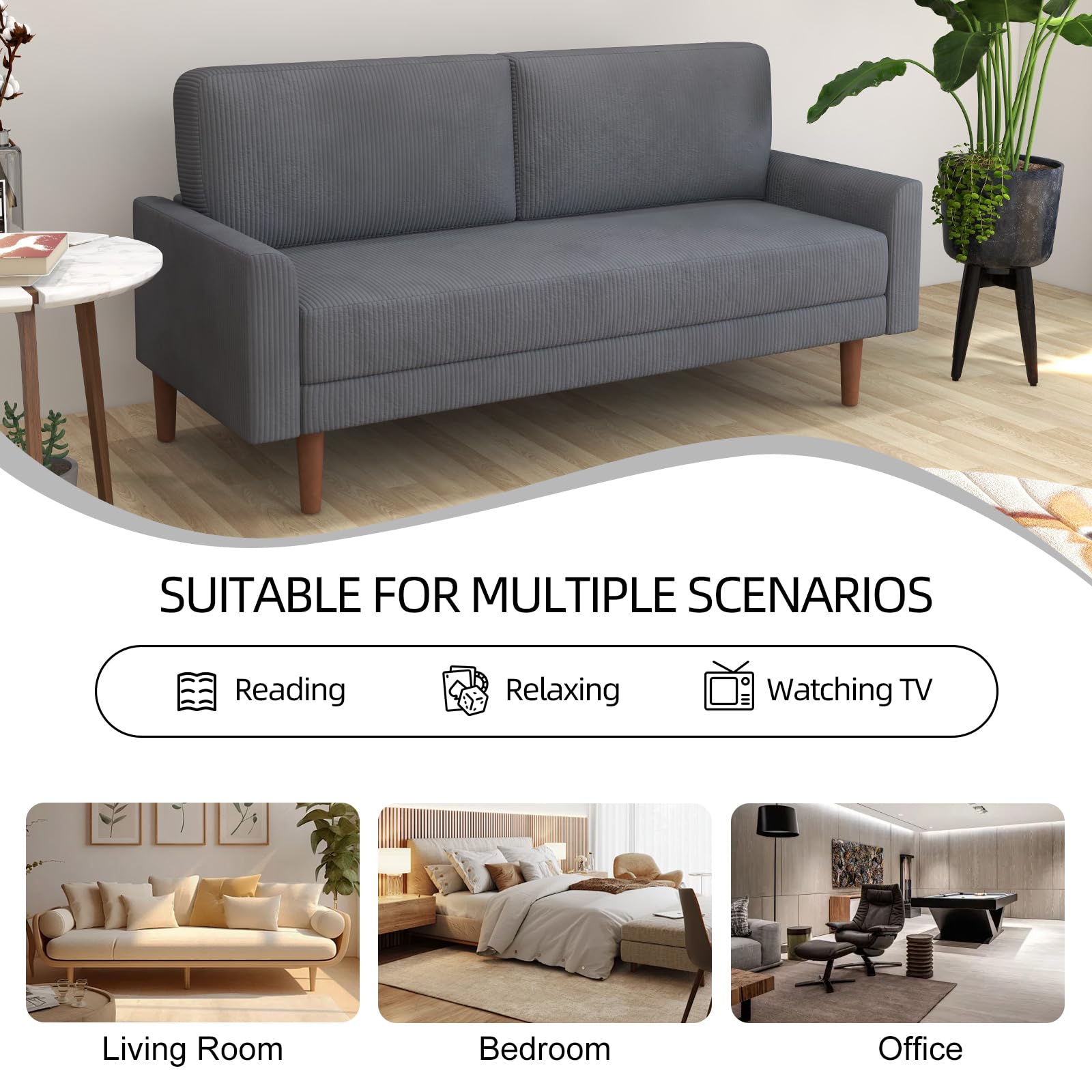 EBELLO 67" Corduroy Modern Sofa Couch, Cozy Comfy Overstuffed 2 Seat Loveseat Couch Sofa with Solid Wood Feet, Soft Padded Seat Small Living Room Futon for Apartment, Gray