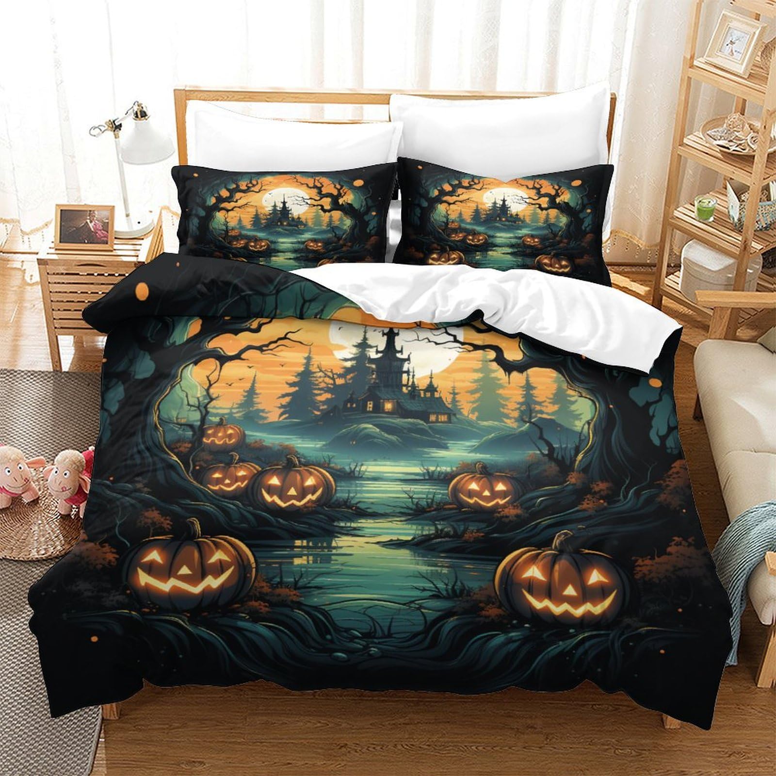 EVMILA Halloween Comforter Covers Duvet Cover Quilt Cover 3D Print Pumpkin for Teens and Adults with Pillow Cases with Zipper Closure Soft Microfiber Bedding Set 3 Pieces Queen(228x228cm)