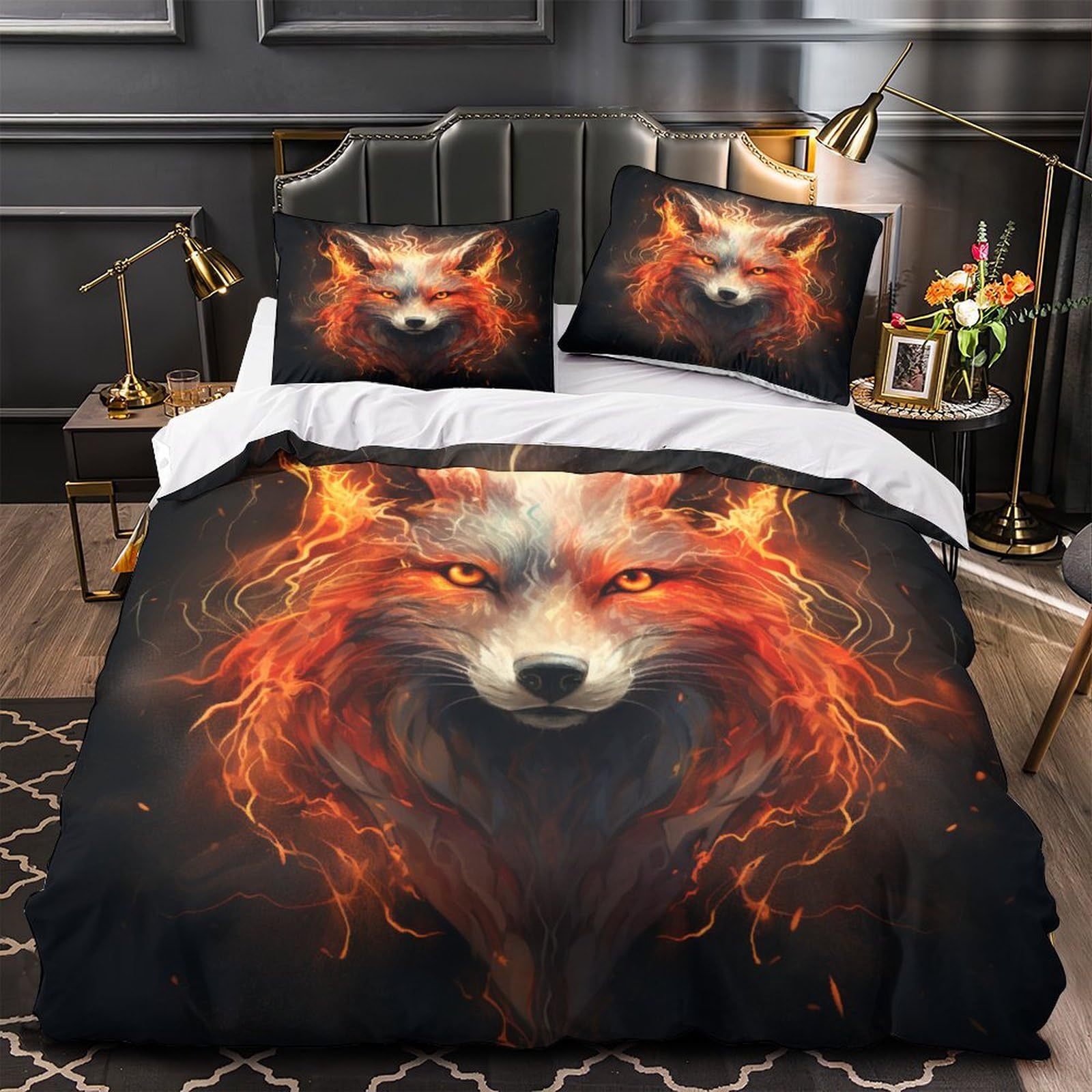 Fox Comforter Covers Quilt Cover 3D Print Fire Duvet Cover for Teens and Adults with Zipper Closure Bedding Set Soft Microfiber with Pillow Cases 2 Pieces Twin（173x218cm）