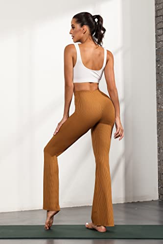 LAOARA Flare Legging for Women High Waisted Bootcut Knit Ribbed Yoga Pants Caramel Brown S