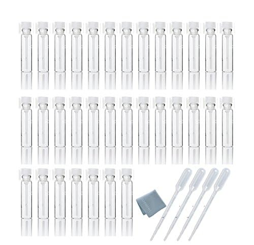 Elfensatll- 100PCS Transparent Clear 1ml 1/4 Dram Empty Glass Sample Vials With 0.5ml 10pcs Pipettes Droppers for Party Makeup Tool Essential Oils Aromatherapy Perfume Cologne