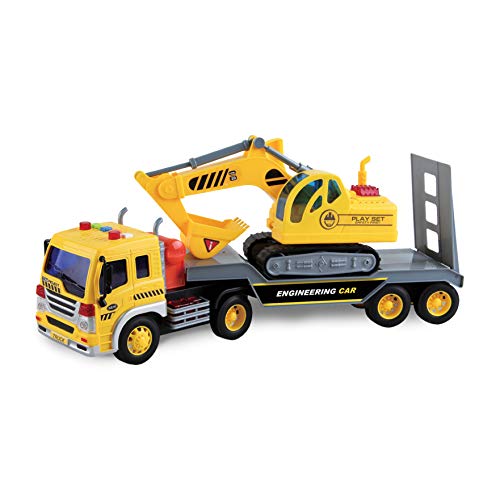 Maxx Action 17’’ Vehicle Transport with Excavator – Bright Lights and Construction Sounds | Friction Powered Trailer | 3 Piece Toy Playset for Kids | Yellow Construction Truck for Kids
