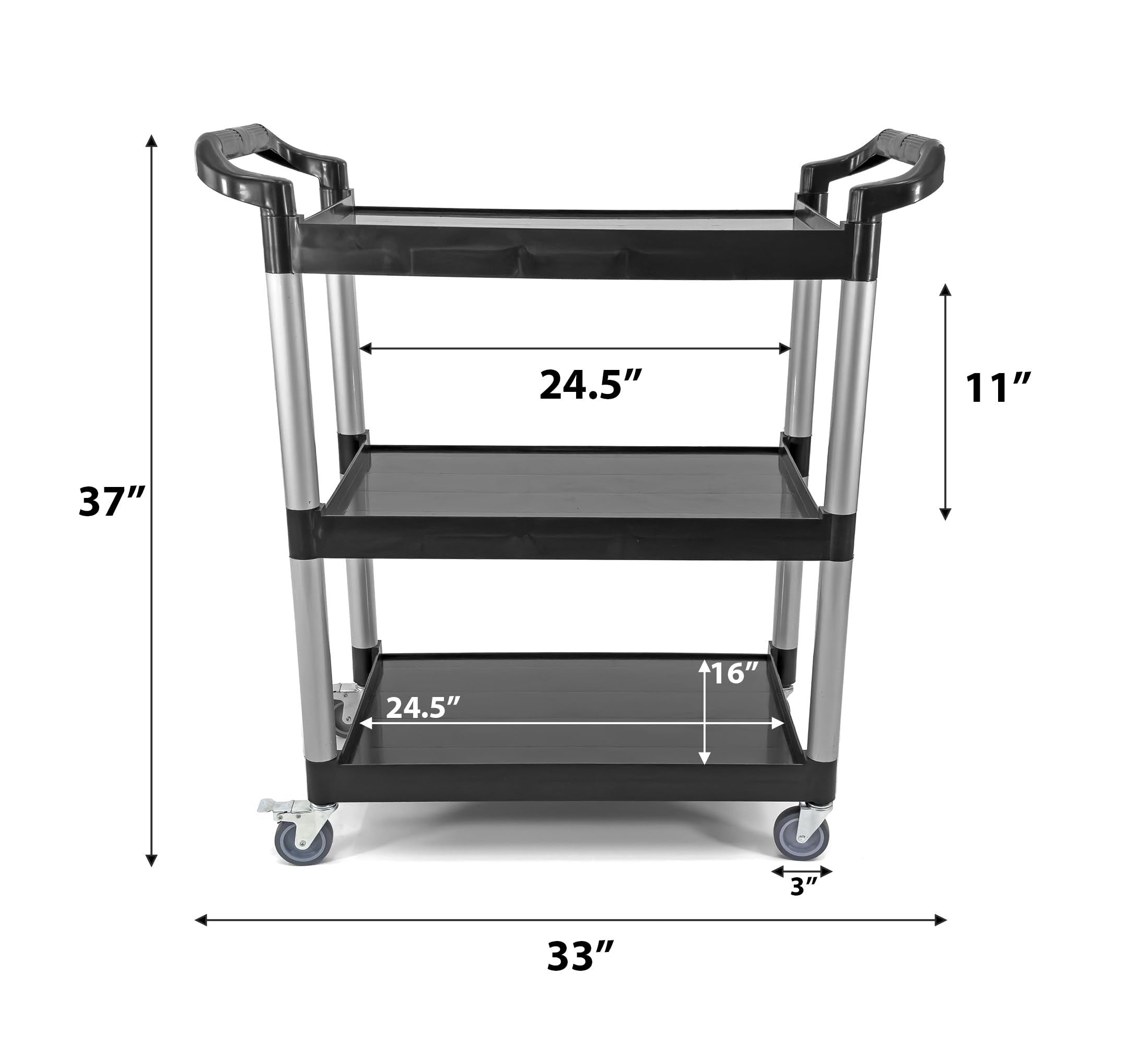 Commercial 3-Shelf Rolling Service Utility Cart | Capacity 450 lbs. | 37" x 33" x 16" | Black