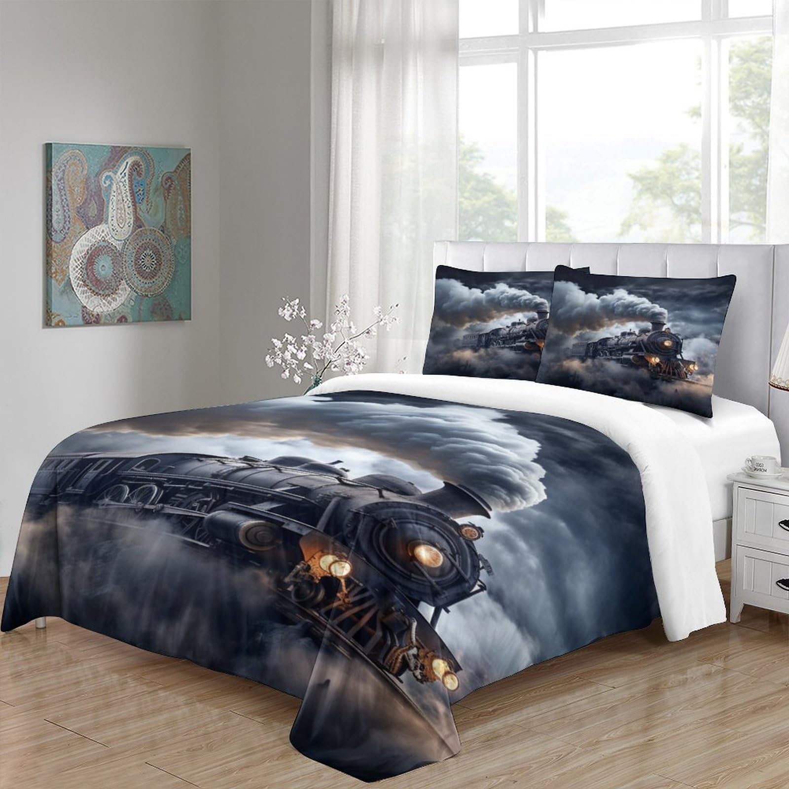 EVMILA Steam Train Comforter Covers Duvet Cover Quilt Cover for Boys Girls 3D Printed Steampunk Bedding Set with Zipper Closure Soft Microfiber with Pillow Cases 3 Pieces Twin(173x218cm)