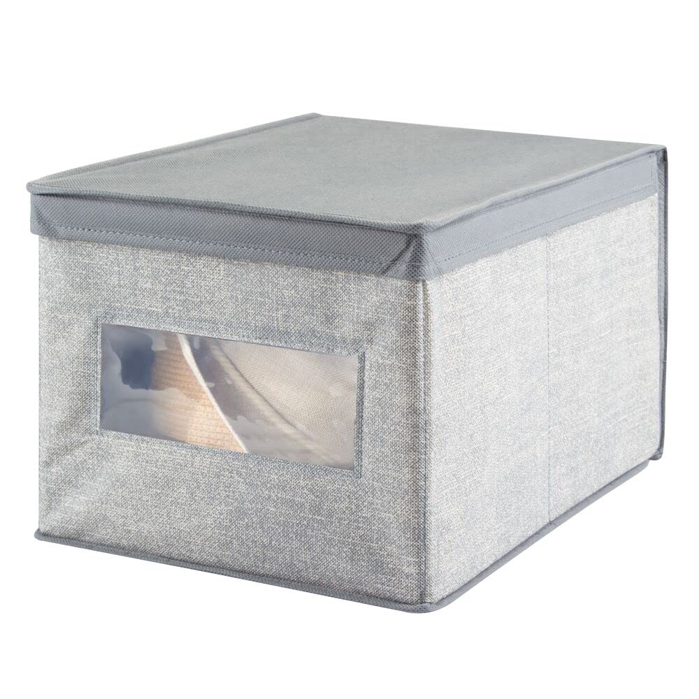 mDesign Large Fabric Stackable Closet Organizer Box with Clear Window/Lid for Bedroom, Office, Bathroom, Mudroom Organization - Shoe, Sweater, Clothes Storage, Lido Collection, 6 Pack, Gray