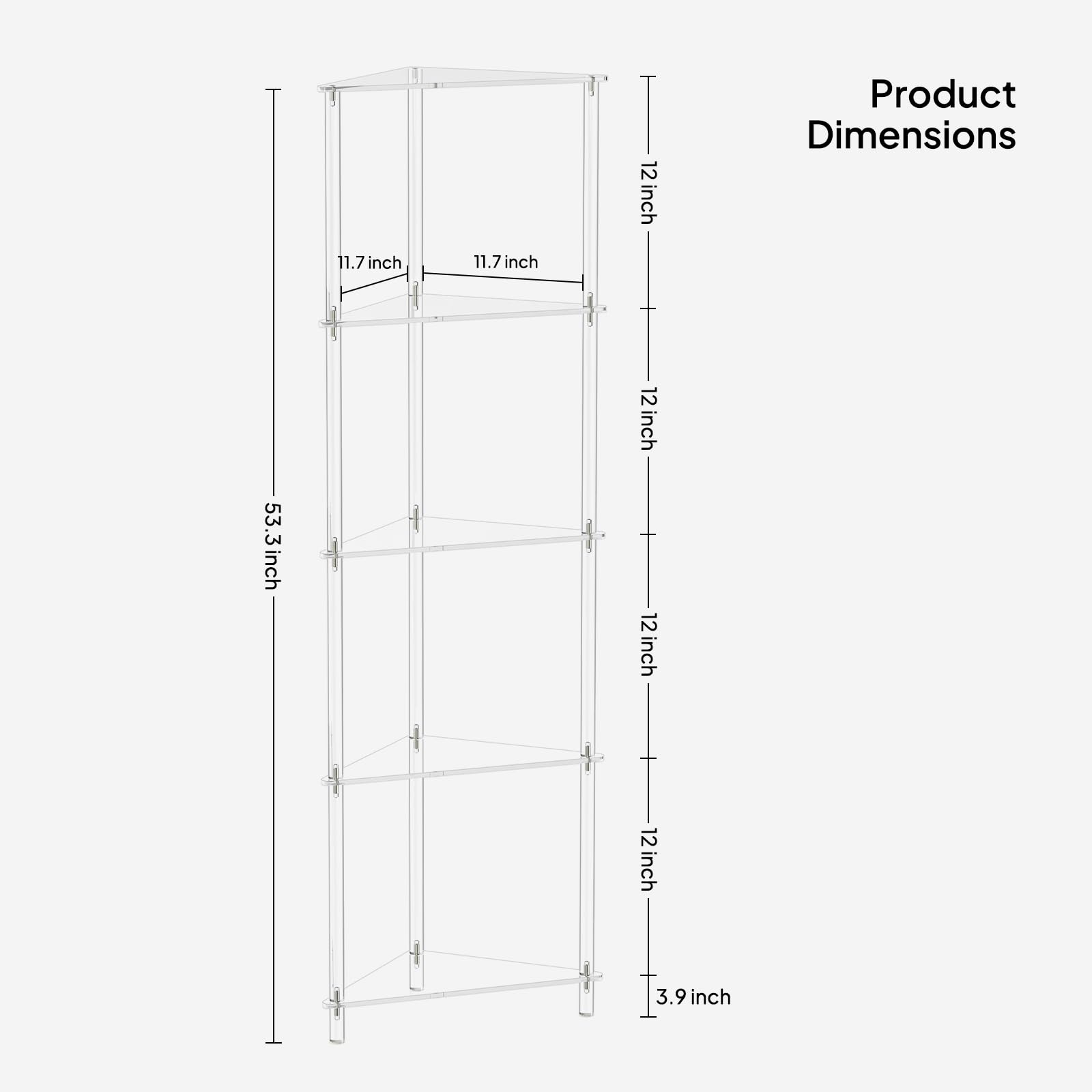 Elgaf Acrylic 5-Tier Corner Shelf Stand - 11.7'' W Corner Display Shelves Storage Shelf for Collectibles, Plants, Books, 11.7ββ D x 11.7'' W x 53.3'' H, Triangle, Clear