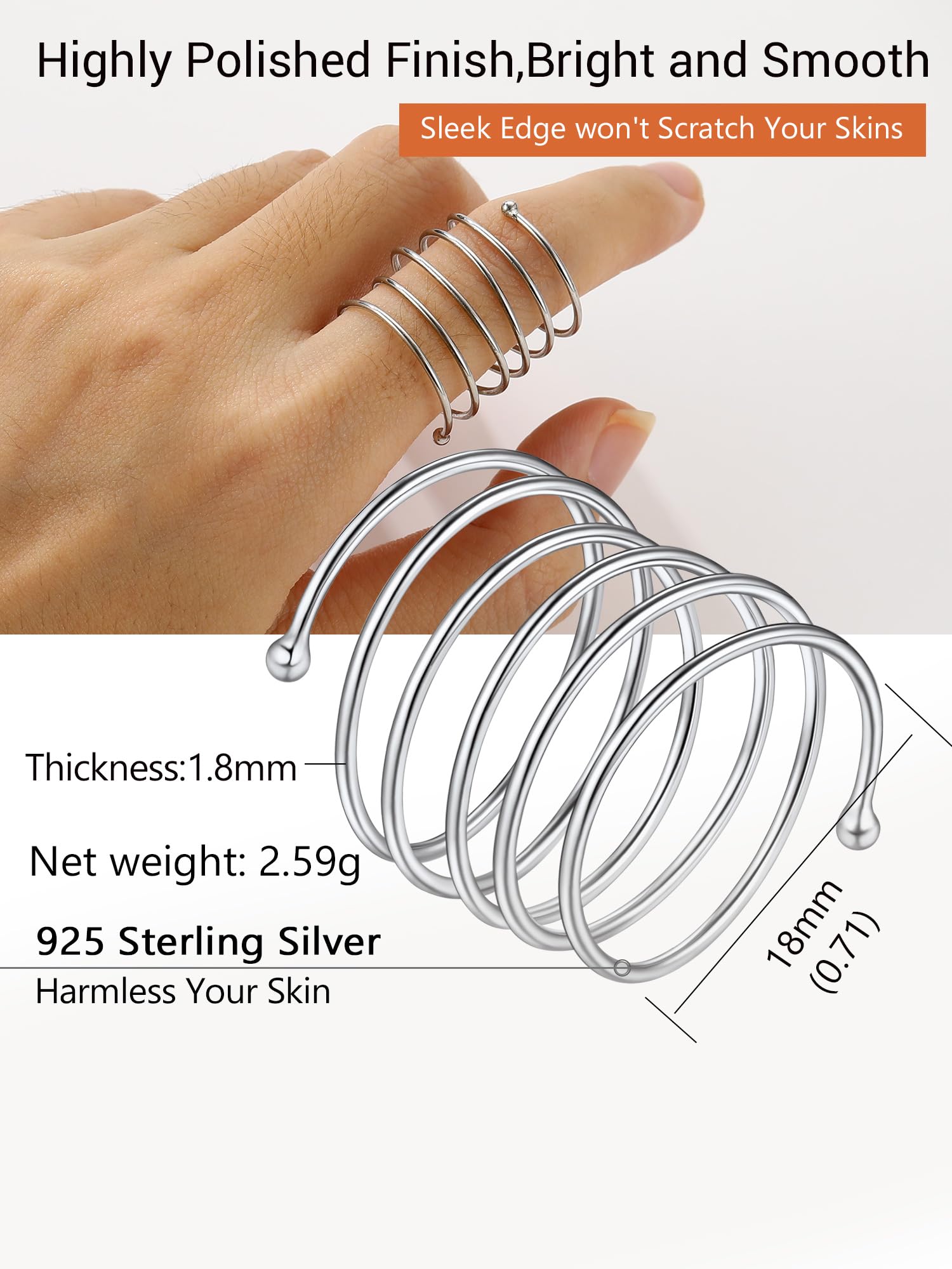 PROSILVER 925 Sterling Silver Ring Full Finger Ring Stacking Italian Silver Adjustable Opening Ring for Women