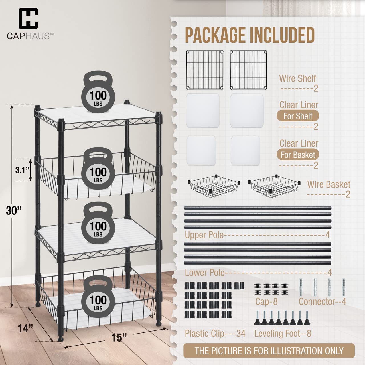 Fencer Wire NSF 2 to 4 Tier Stackable Wire Shelving Unit w/Baskets & Liner, Storage Rack Kitchen, Bathroom, Laundry Closet, Wire Shelving Basket Shelves, Storage Rack Corner Shelves, Black