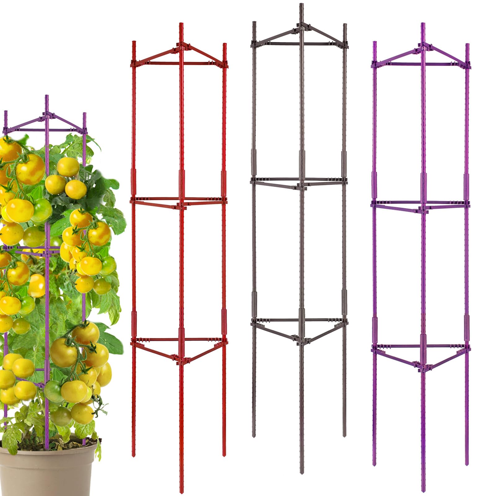 Colored Tomato Cages for Garden and Pots Outdoor，Tomato Plant Stakes，Support Cages Trellis for Climbing Plants Outdoor，Multi-Functional Climbing Vegetables Cages Trellis(48 inches，3 Pack)