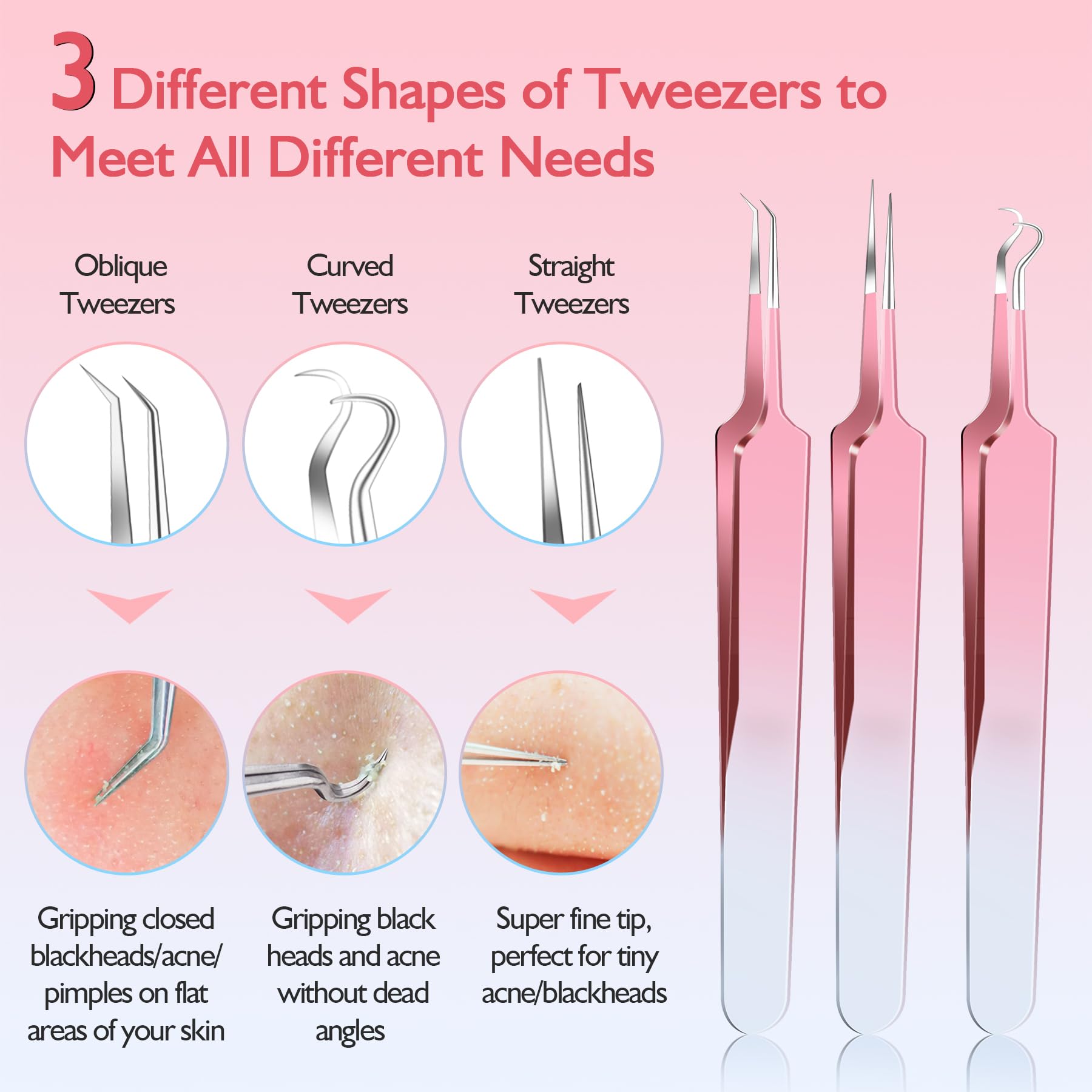 Kresecioo 9 PCS Blackhead Remover Tools, Pimple Popper Tool Kit, Acne Tools Extractor Kit Professional for Nose Face, Blemish Whitehead Zit Popping Tool with Portable Leather Bag(Pink)