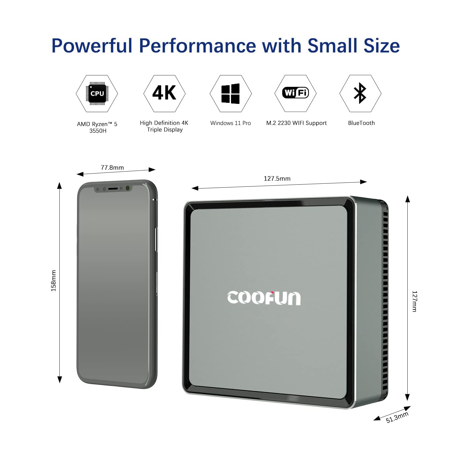 COOFUN UM350 Mini PC AMD Ryzen 5 3550H 4 Cores/8 Threads | 16 GB RAM 512 GB PCIe SSD Mini Computer | Radeon Vega 8 Graphics | Dual-Band Wi-Fi Bluetooth | 4K HDMI/DP/USB-C| 4X USB Port
