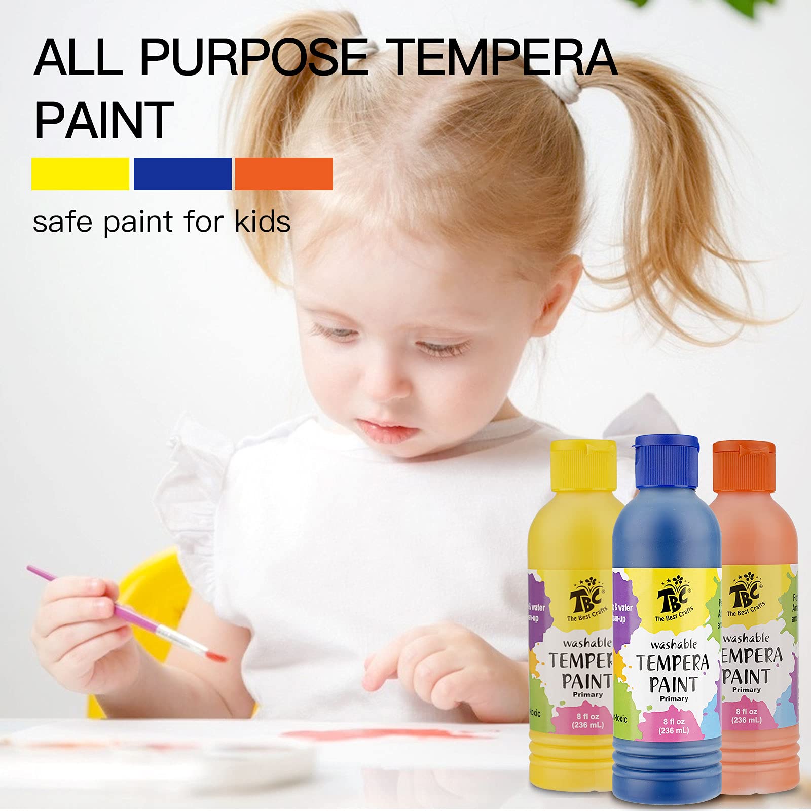TBC The Best Crafts Washable Tempera Paint Set for Kids, 6 Vibrant Colors Large Volume (8 fl oz./236ml), Non-Toxic Craft Painting Supplies for DIY Projects, Tempera and Posters, Finger Painting