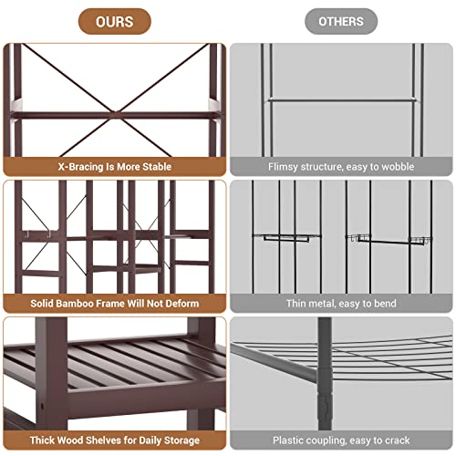 Homykic Bamboo Closet System, Large Clothing Rack Garment Rack for Hanging Clothes, Freestanding Clothes Rack with Shelves and 5 Rods, Stable Open Wardrobe Organizer with 4 Hooks, 70”Wx77”H, Espresso