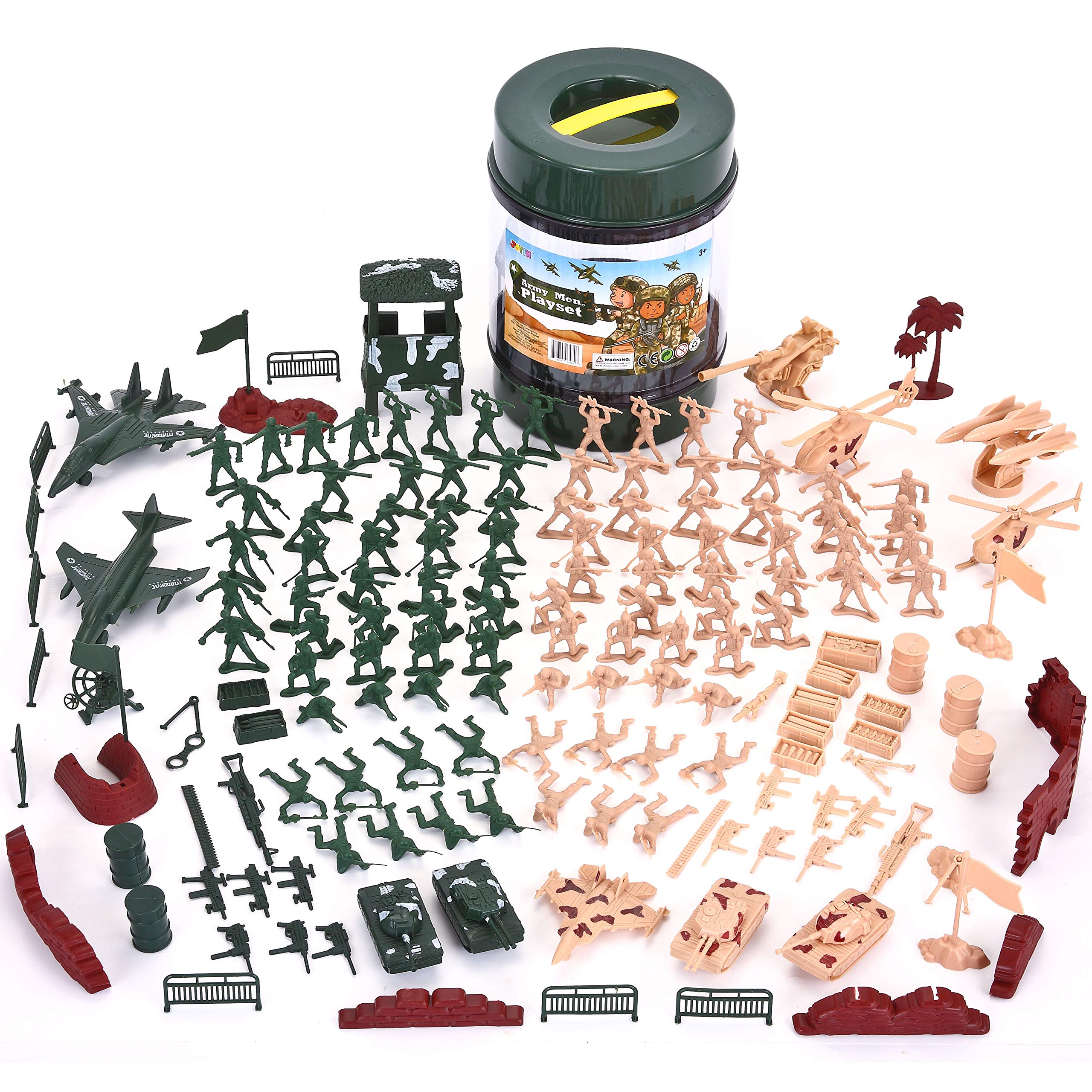JOYIN 164 Piece Military Soldier Playset Army Men Play Bucket Army Action Figures Battle Group Deluxe Military Playset with Army Men, Aircrafts, Helicopters, Tanks with Bucket