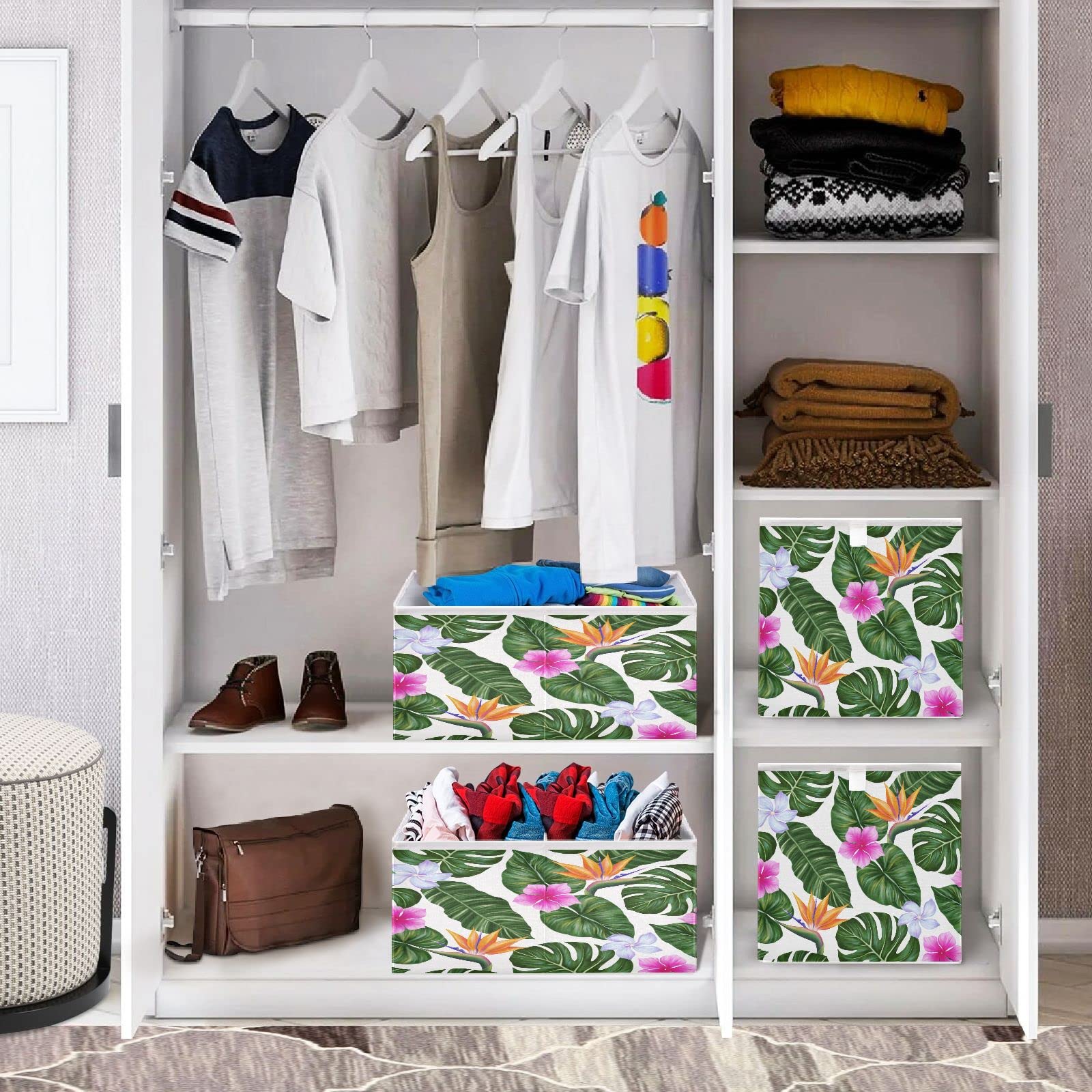 Burbuja Hawaiian Floral Palm Leaf Storage Cubes Fabric Storage Bins Foldable Closet Organizer Basket with Handle, 15.7x10.6x6.7 Inch
