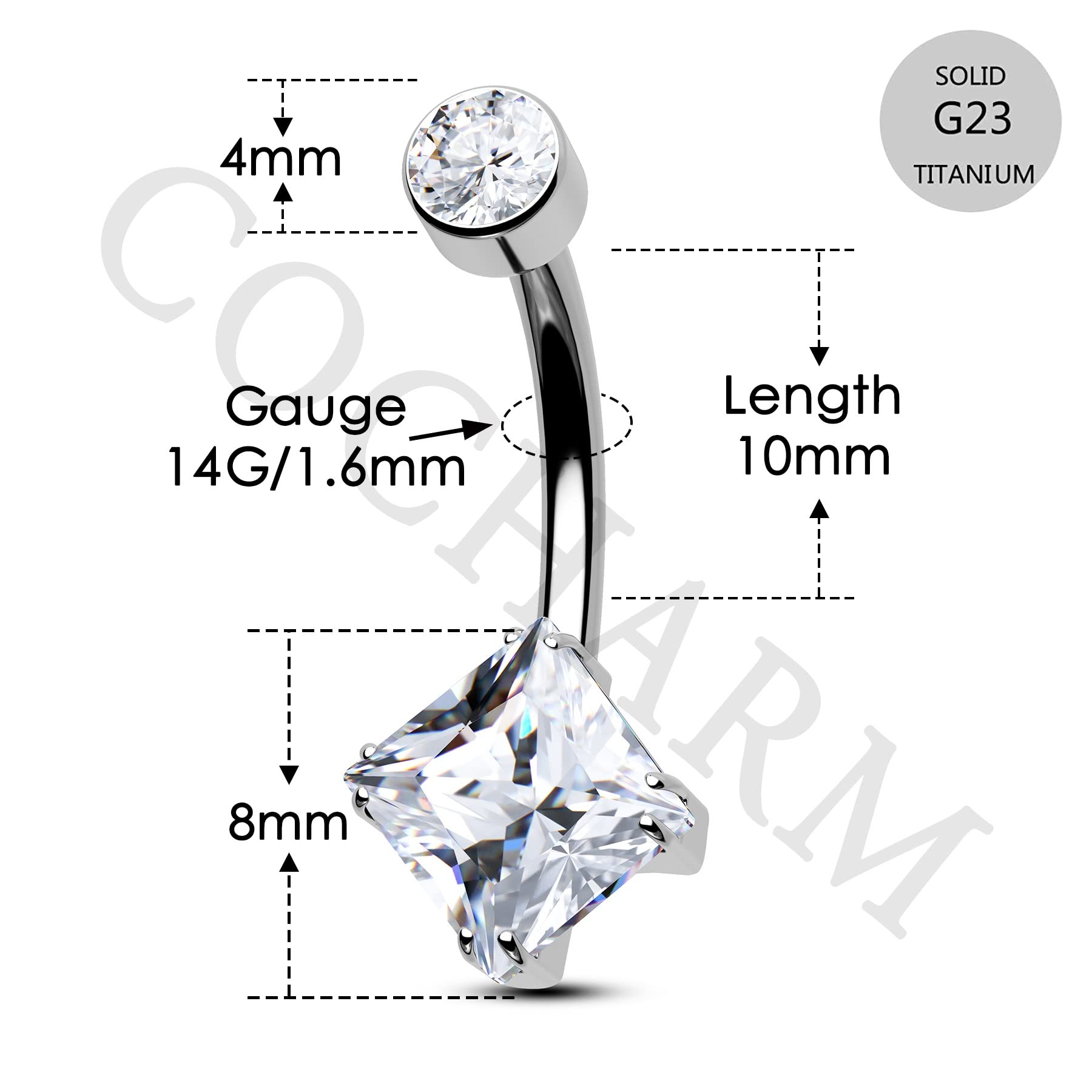COCHARM G23 Solid 14G Belly Button Ring Titanium Internally Thread Belly Rings Hypoallergenic Surgical Steel Navel Rings for Women Curved Barbell